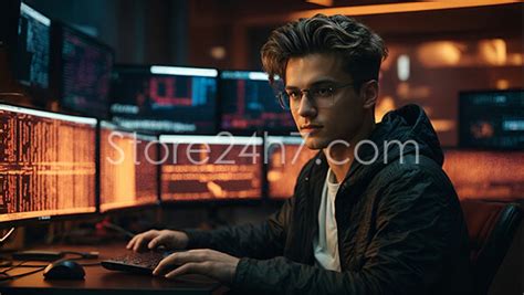 Concentrated Programmer At A Secure Workstation Ai Image For Sale 990€