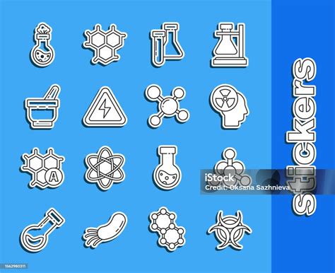 라인 생물학적 위험 기호 박테리아 인간의 머리 및 방사선 시험관 플라스크 화학 물질 고전압 기호 모르타르 유봉 및 분자 아이콘을 설정합니다 벡터 건강 진단에 대한 스톡 벡터