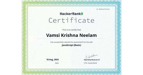 I Earned Hackerrank Javascript Certificate Vamsi Krishna Neelam