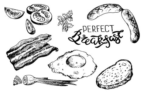 아침 아침 식사 손으로 그린 일러스트레이션 세트 튀긴 계란 베이컨과 빵 토마토 파슬리 구운 소시지 파 스케치 낙서 벡터 일러스트레이션 골파에 대한 스톡 벡터 아트 및 기타