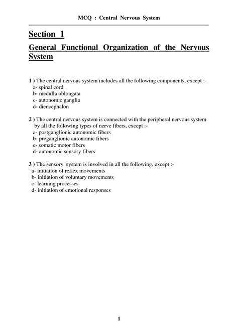 Solution Physiology Of Central Nervous System Cns Mcq With Answers
