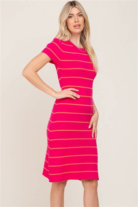 Fuchsia Striped Ribbed Fitted Sweater Dress Pinkblush