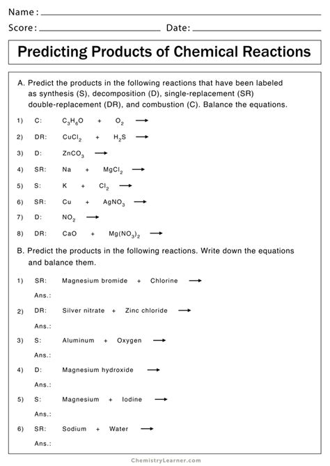 Types Of Chemical Reactions Worksheets Free Printable Worksheets Library