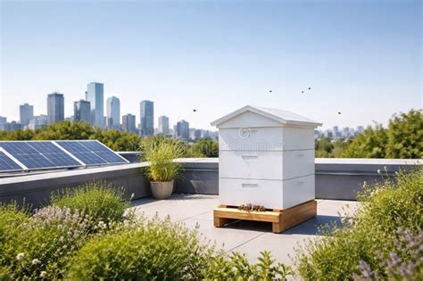 Rooftop Beekeeping Setup With Beehive Overlooking City Skyline On A