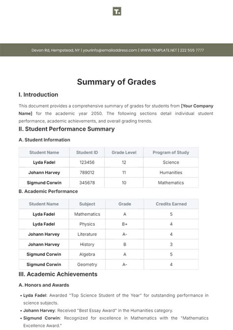 Free Summary Of Grades Template To Edit Online