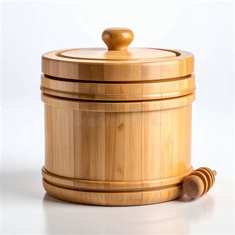Elegant Wooden Honey Pot With Dipper Displaying Natural Grain Aesthetic On White Background