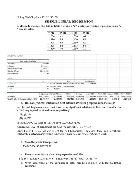 Hw Simple Linear Regression 1 Docx Pdf Coefficient Of