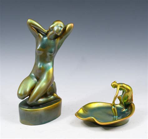 At Auction 2 Pc Nude Art Deco Zsolnay Eosin Glazed Sculpture