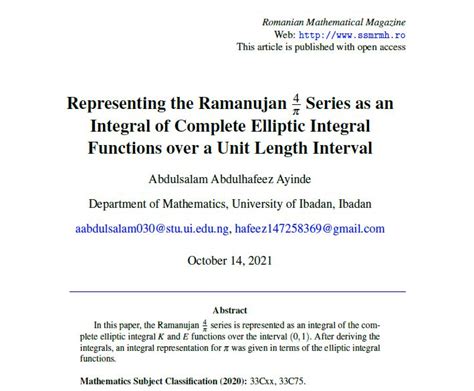 Elliptic Integral Reprezentation For A Ramanujan Serie Romanian