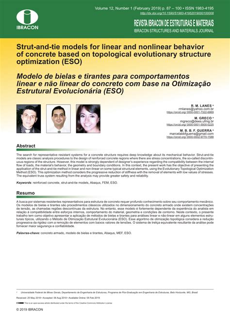 Pdf Strut And Tie Models For Linear And Nonlinear Behavior Of Concrete Based On Topological