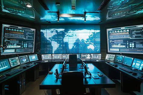 High Tech Global Monitoring Command Center Interior Stock Illustration