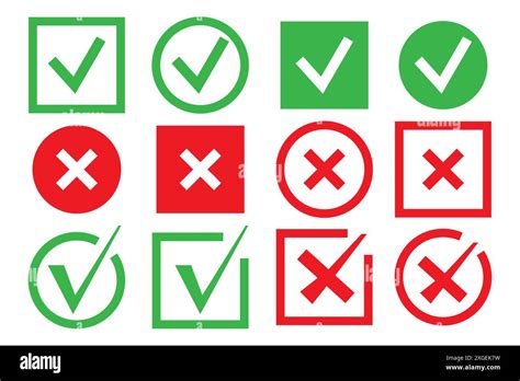 Checkmark And Cross Icons Green And Red Symbols Various Shapes Vector Approval And Rejection