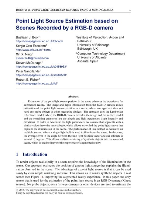 PDF Point Light Source Estimation Based On Scenes Recorded By A RGB D Camera