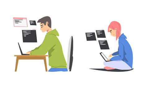 컴퓨터에서 작업하는 프로그래머는 세트입니다 컴퓨터 프로그램을 만드는 소프트웨어 개발자의 측면보기 만화 벡터 일러스트 레이 션 경영자에 대한 스톡 벡터 아트 및 기타 이미지