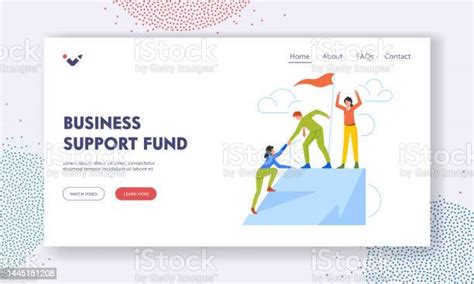 사업 지원 기금 방문 페이지 템플릿입니다 리더 캐릭터는 동료가 붉은 깃발로 갈라진 틈의 꼭대기로 올라갈 수 있도록 도와줍니다 개념에 대한 스톡 벡터 아트 및 기타 이미지