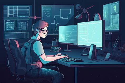 Illustration Of A Man Working At The Computer In The Office Nerdy Boy