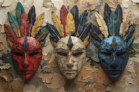 Premium Photo Tribal Masks Made Of Torn Bark And Feather Collage Angular S Illustration