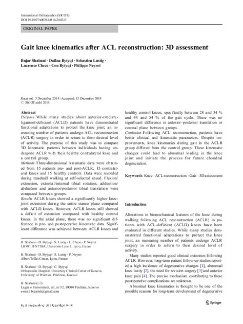 Pdf Gait Knee Kinematics After Acl Reconstruction 3d Assessment