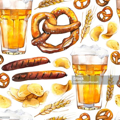 수채화 스타일의 맥주와 간식으로 완벽 한 배경입니다 그림은 흰색에 손으로 그린 패턴입니다 전통적인 옥토버페스트 음식 술집 메뉴 옥토버페스트에 대한 스톡 벡터 아트 및 기타