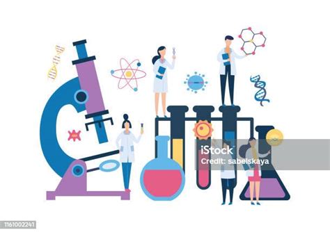กลุ่มนักวิทยาศาสตร์ชีววิทยาคนและอุปกรณ์ห้องปฏิบัติการขนาดใหญ่สไตล์การ์ตูนแบน ภาพประกอบสต็อก