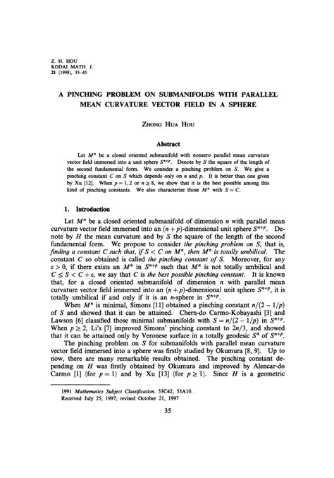 Pdf A Pinching Problem On Submanifolds With Parallel Mean Curvature Vector Field In A Sphere