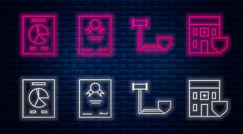 세트 라인 인증서 템플릿 방패와 판사 망치 그래프 차트와 방패와 의료 병원 건물 문서 벽돌 벽에 빛나는 네온 아이콘입니다 벡터