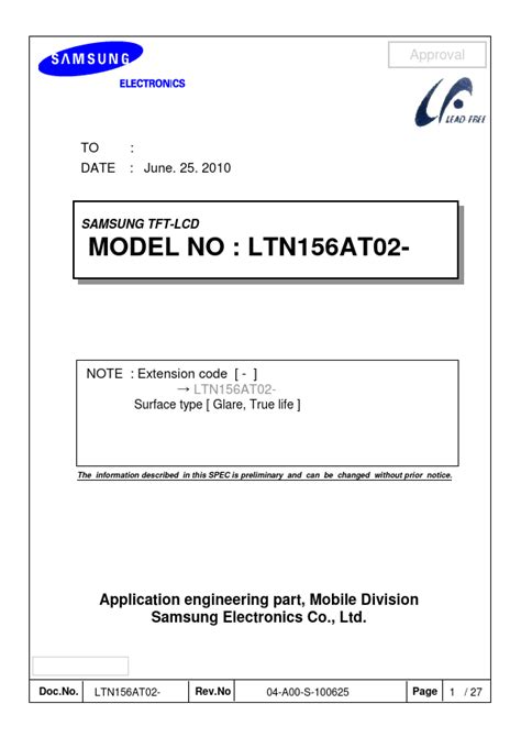 Ltn156at02 Datasheet Lcd Samsung Semiconductor