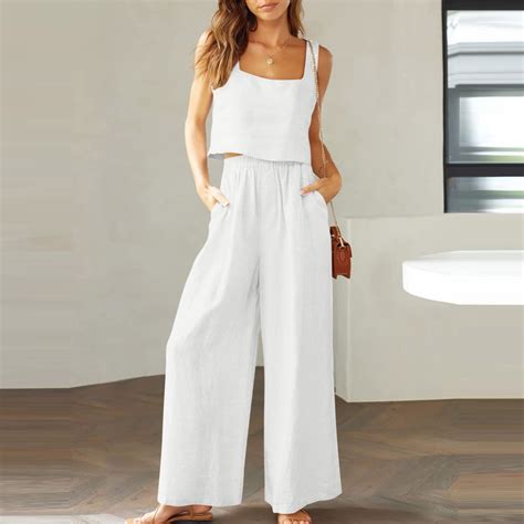 Edvintorg Wide Leg Pants Sets Women 2 Piece Outfits Casual Suit Cotton