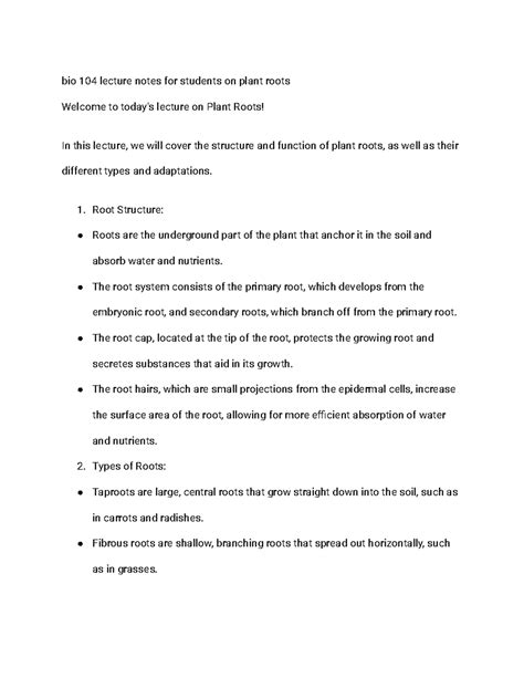 Bio 104 Lecture Notes For Babes On Plant Roots Root Structure Roots Are The Underground
