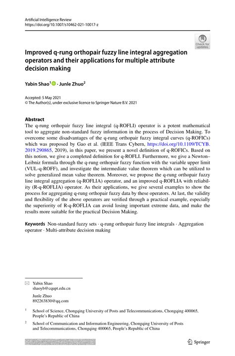 Pdf Improved Q Rung Orthopair Fuzzy Line Integral Aggregation Operators And Their Applications