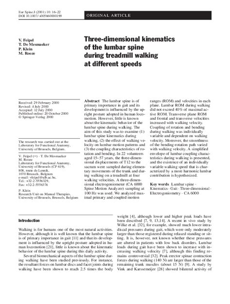 Pdf Three Dimensional Kinematics Of The Lumbar Spine During Treadmill Walking At Different Speeds