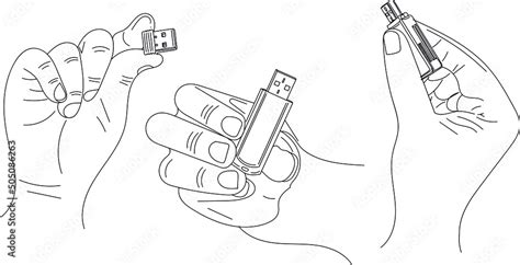 Outline Sketch Drawing Of Hand Holding Pen Drive Memory Card Chip Wifi Dongle Tech Logo