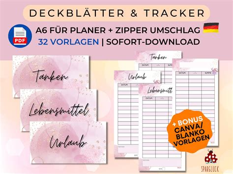 32 Deckblätter A6 für Budget Planer als PDF Download Tracker Rosa Gold