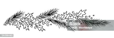 검은 윤곽선으로 손으로 그린 간단한 벡터 드로잉 소나무 가문비 나무 가지 홀리 베리와 잎 긴 화환 테두리 배너 축제 새해 크리스마스 디자인 엽서 라벨 프레임에 대한 스톡