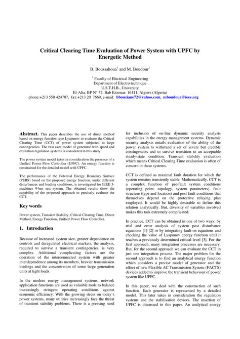 Pdf Critical Clearing Time Evaluation Of Power System With Upfc By Energetic Method