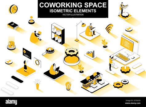 Coworking Space Bundle Of Isometric Elements Freelancer Work With
