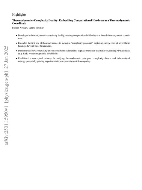 Pdf Thermodynamic Complexity Duality Embedding Computational Hardness As A Thermodynamic