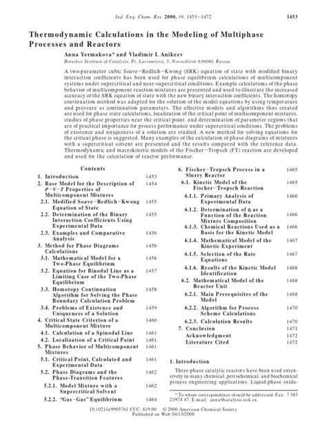 Thermodynamic Calculations In The Modeling Of Multiphase Processes And Reactors Pdf Phase