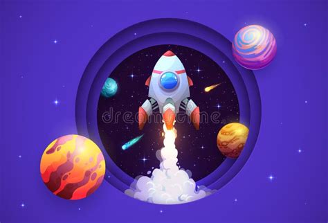 Space Paper Cut Rocket Launch And Galaxy Planets Stock Vector