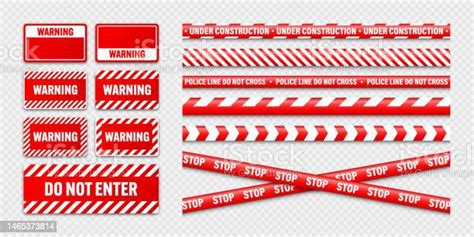 다양한 바리케이드 건설 테이프 및 경고 방패 빨간색 경찰 경고 라인 밝은 색상의 위험 또는 위험 줄무늬 리본 제한 구역 구역 주의 기호입니다 벡터 그림 건설 산업에 대한