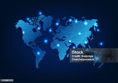 세계지도 기술 배경 전 세계를 포괄하는 고속 인터넷 네트워크 연결 정보 전송 의사 소통 비즈니스를보다 편리하게 수행 할 수 있도록 도와주는 기술입니다 0명에 대한 스톡 벡터