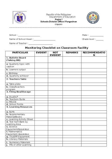 Monitoring Checklist Republic Of The Philippines Department Of Education Region I Schools