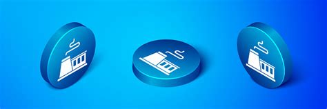 파란색 배경에 격리된 등분 성 공장 아이콘입니다 산업 건물 파란색 원 버튼입니다 벡터 3차원 형태에 대한 스톡 벡터 아트 및