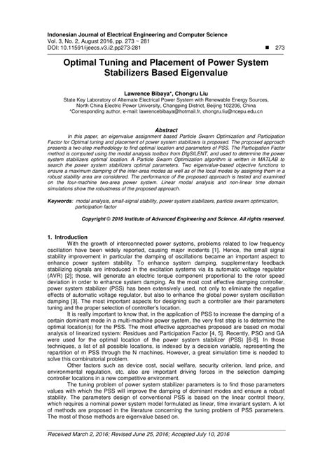 PDF Optimal Tuning And Placement Of Power System Stabilizers Based Eigenvalue