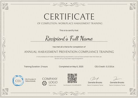 Professional And Refined Sexual Harassment Training Certificate Template