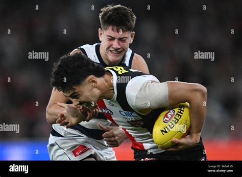 George Stevens of Geelong tackles Mitch Owens of St Kilda during the AFL Round 2 match between ...
