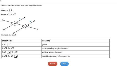 Select The Correct Answer From Each Drop Down Menu Given 𝐚𝐛 Prove ∠ 1 ≅∠ 7 Complete The Proof