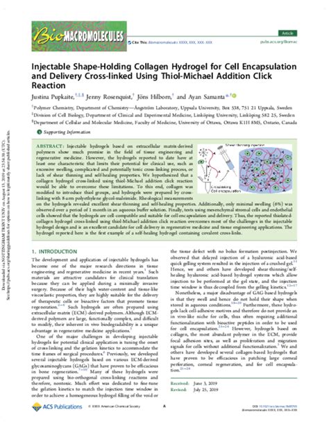 Pdf Injectable Shape Holding Collagen Hydrogel For Cell Encapsulation