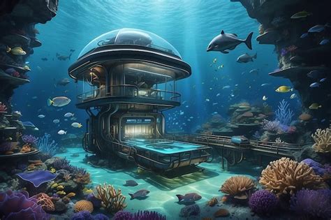 Premium Ai Image Aquatic Workshop Symbiosis Of Bioluminescent Machinery And Oceanic Currents