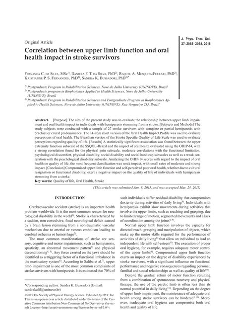 Pdf Correlation Between Upper Limb Function And Oral Health Impact In
